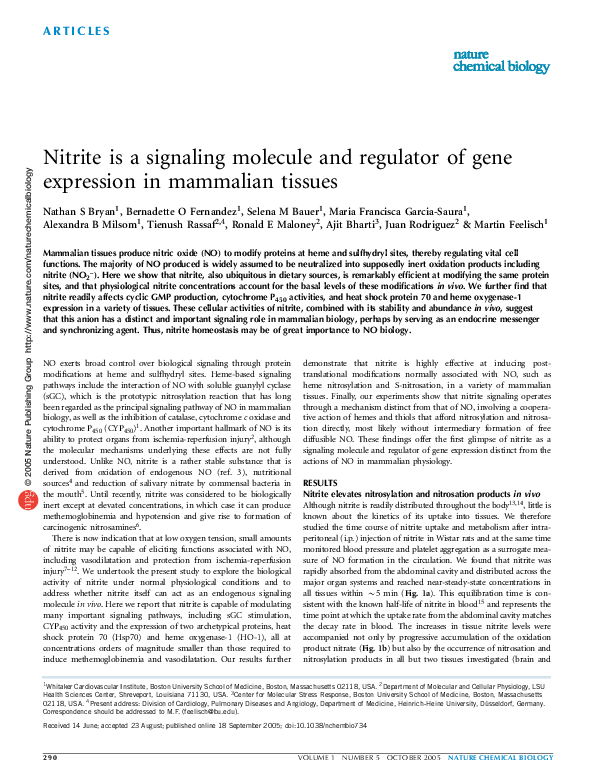 (PDF) Nitrite is a signaling molecule and regulator of gene expression ...