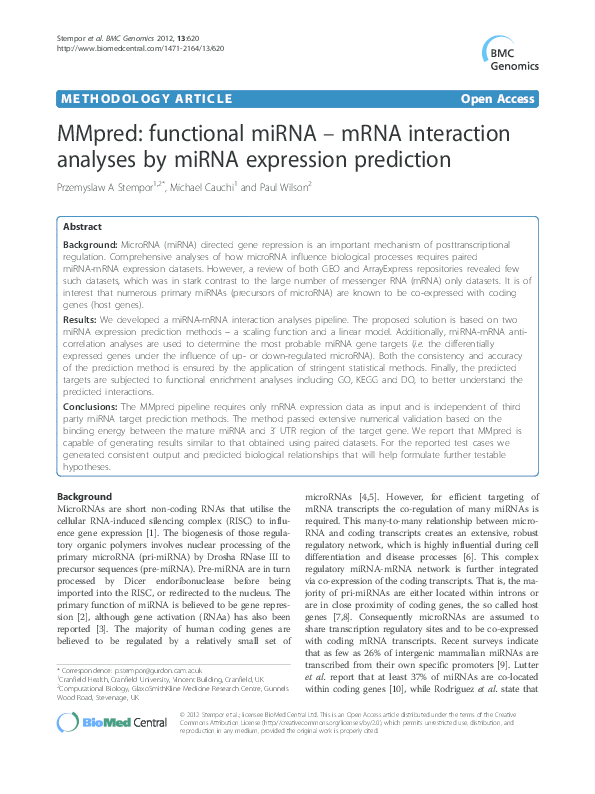 (PDF) MMpred: functional miRNA – mRNA interaction analyses by miRNA expression prediction