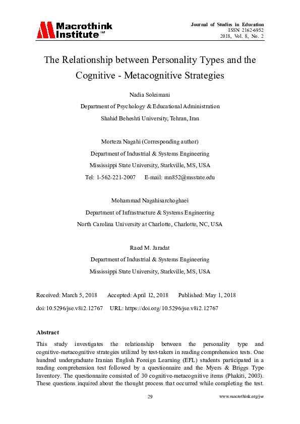 Pdf The Relationship Between Personality Types And The Cognitive Metacognitive Strategies