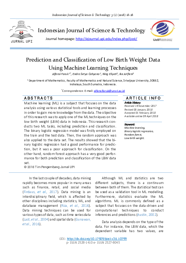 (PDF) Prediction and Classification of Low Birth Weight Data Using Machine Learning Techniques