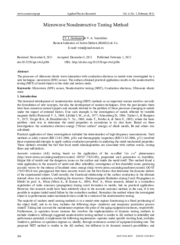 Pdf Microwave Nondestructive Testing Method