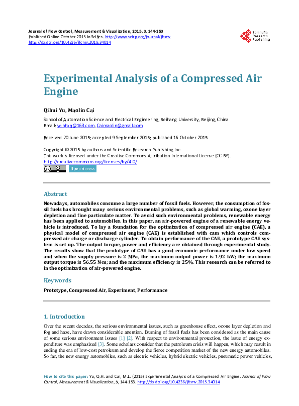 Pdf Experimental Analysis Of A Compressed Air Engine