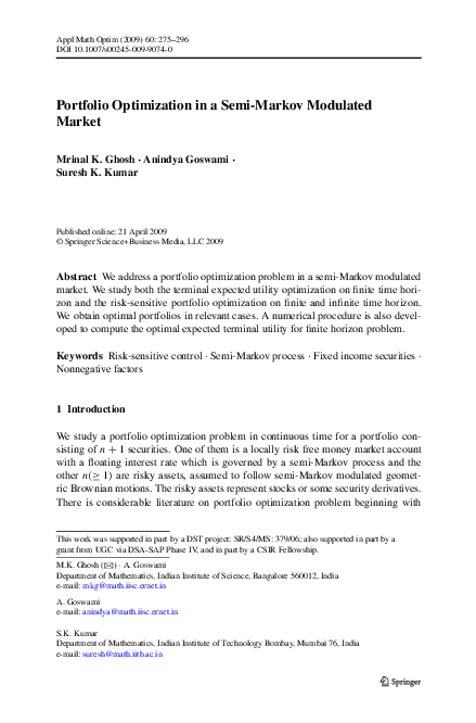 (PDF) Portfolio Optimization in a Semi-Markov Modulated Market