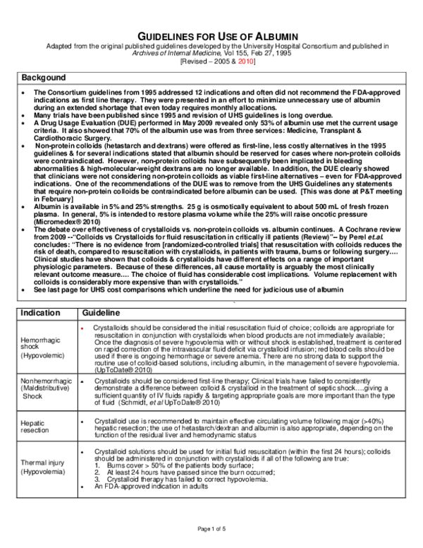 (PDF) GUIDELINES FOR USE OF ALBUMIN
