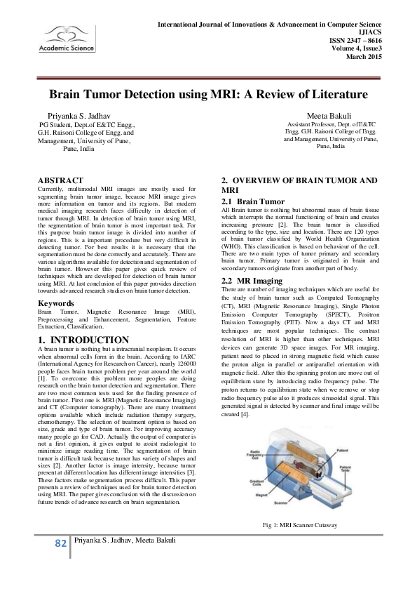 (PDF) Brain Tumor Detection using MRI: A Review of Literature