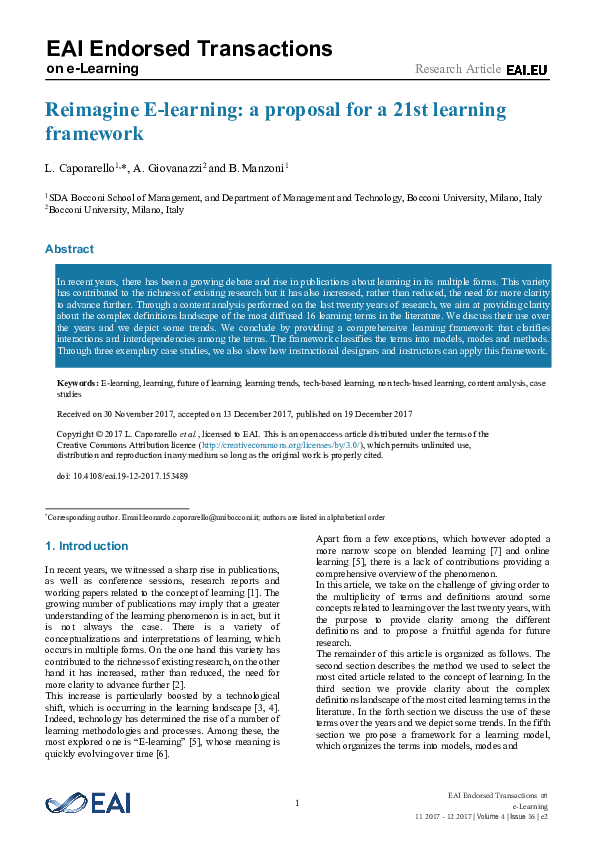 (PDF) Reimagine E-learning: a proposal for a 21st learning framework