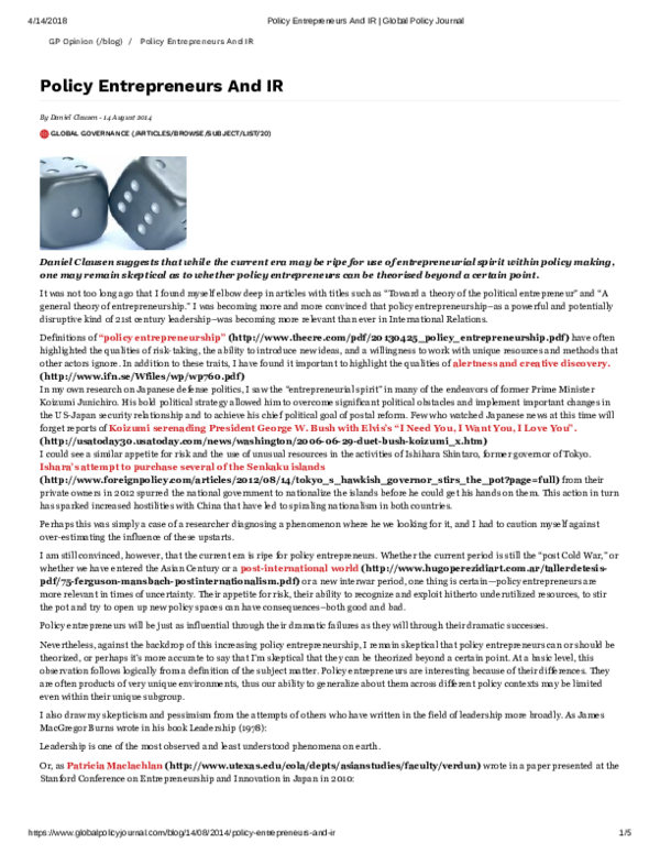 (PDF) Policy Entrepreneurs And IR