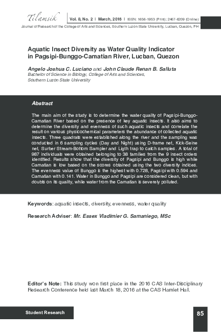 (PDF) Aquatic Insect Diversity as Water Quality Indicator in Pagsipi ...