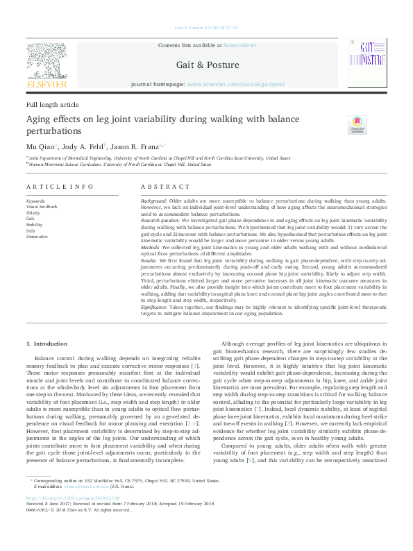 (PDF) Aging Effects on Leg Joint Variability during Walking with ...