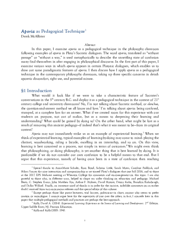 (PDF) Aporia as Pedagogical Technique