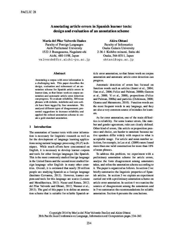 Pdf Annotating Article Errors In Spanish Learner Texts Design And Evaluation Of An Annotation