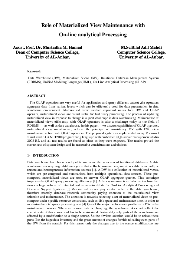 (PDF) Role of Materialized View Maintenance with On-line analytical Processing