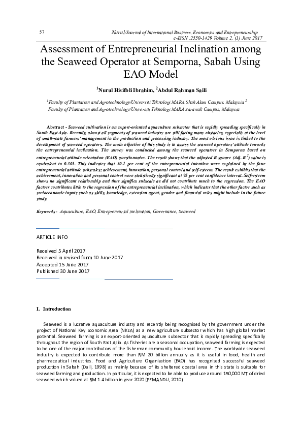 (DOC) Assessment of Entrepreneurial Inclination among the Seaweed ...