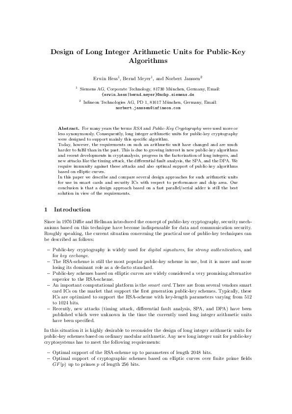 (PDF) Design of Long Integer Arithmetic Units for Public-Key Algorithms ...