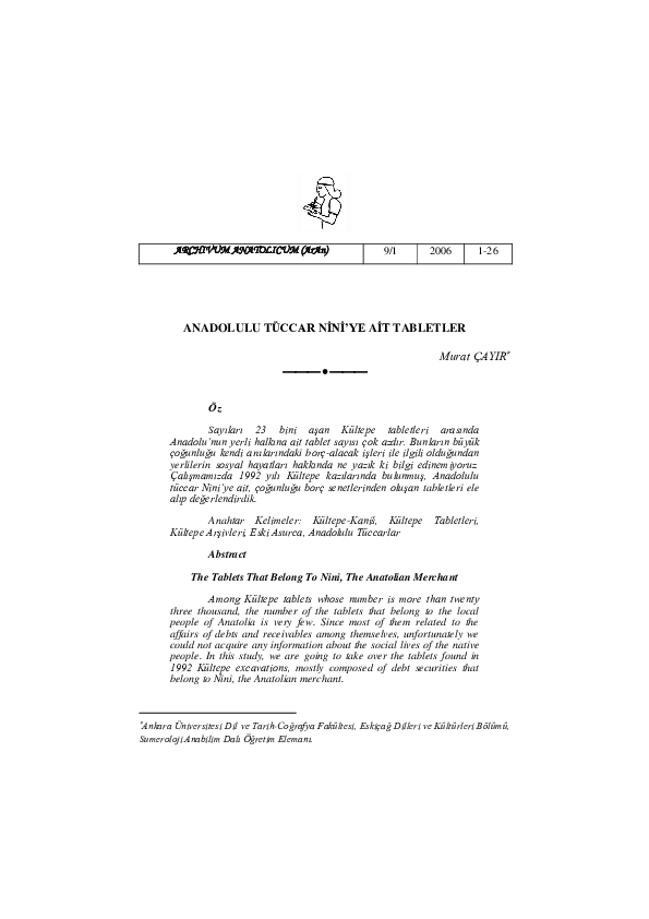 (PDF) ANADOLULU TÜCCAR NİNİ'YE AİT TABLETLER (The Tablets That Belong ...