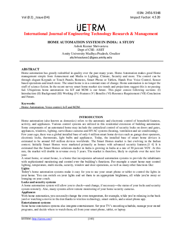 (PDF) HOME AUTOMATION SYSTEM IN INDIA: A STUDY | Ijetrm Journal ...
