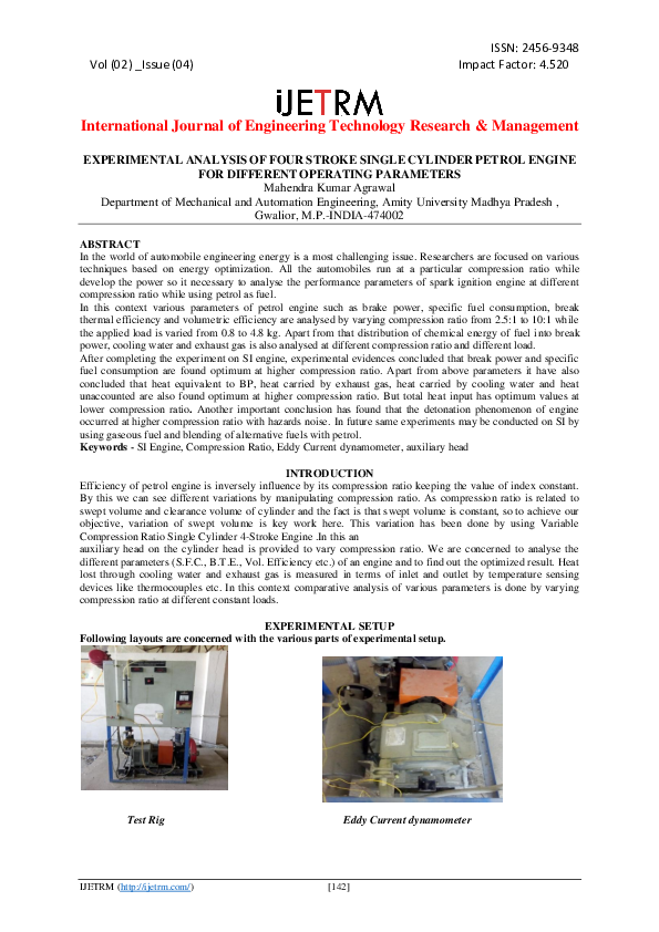(PDF) EXPERIMENTAL ANALYSIS OF FOUR STROKE SINGLE CYLINDER PETROL ENGINE FOR DIFFERENT OPERATING ...