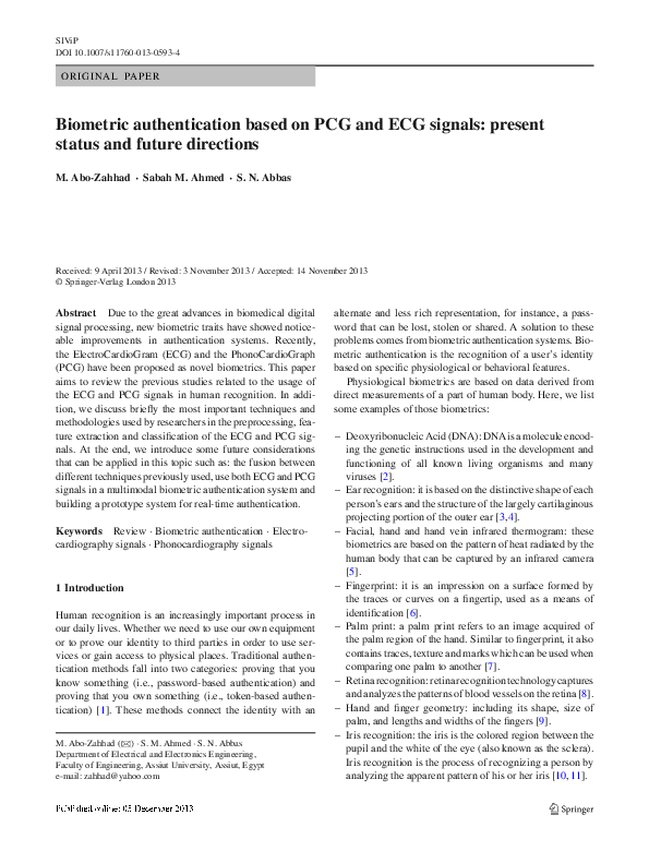 Pdf Biometric Authentication Based On Pcg And Ecg Signals Present Status And Future Directions