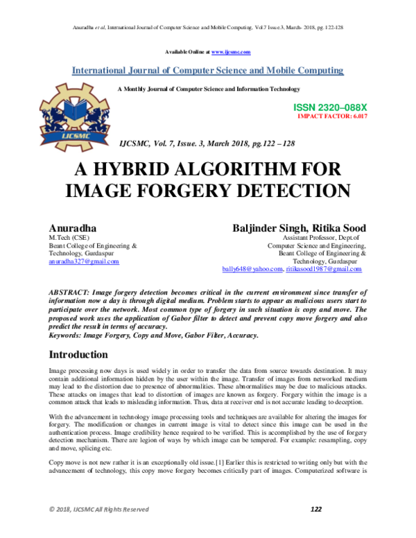 Pdf A Hybrid Algorithm For Image Forgery Detection