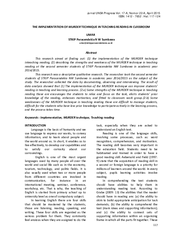 (PDF) THE IMPLEMENTATION OF MURDER TECHNIQUE IN TEACHING READING IN ...