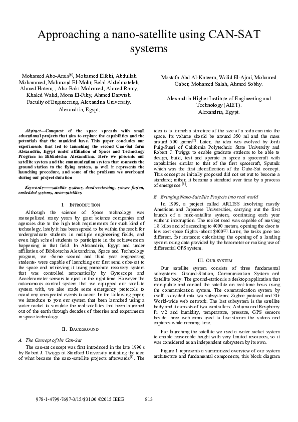 Pdf Approaching A Nano Satellite Using Can Sat Systems