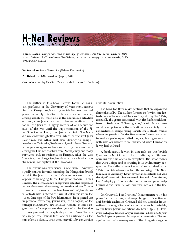(PDF) Hungarian Jews’ Intellectual Response to Genocide