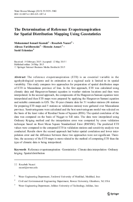 (PDF) The Determination of Reference Evapotranspiration for Spatial Distribution Mapping Using ...