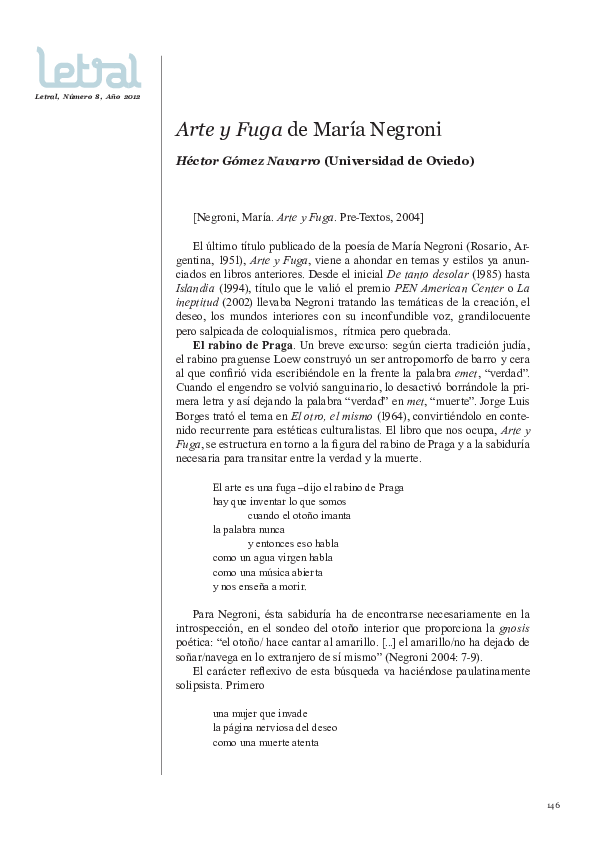 (PDF) Gómez Navarro, Héctor - Arte y Fuga de María Negroni