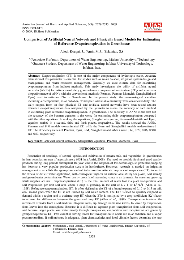Pdf Comparison Of Artificial Neural Network And Physically Based Models For Estimating Of