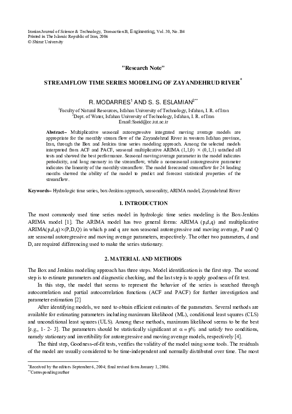 (PDF) STREAMFLOW TIME SERIES MODELING OF ZAYANDEHRUD RIVER
