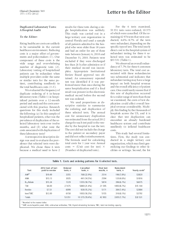 (PDF) Duplicated Laboratory Tests: A Hospital Audit
