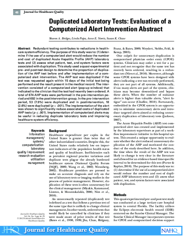 (PDF) Duplicated Laboratory Tests: Evaluation of a Computerized Alert ...