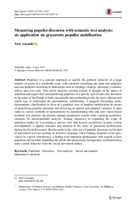 Pdf Measuring Populist Discourse With Semantic Text Analysis An Application On Grassroots