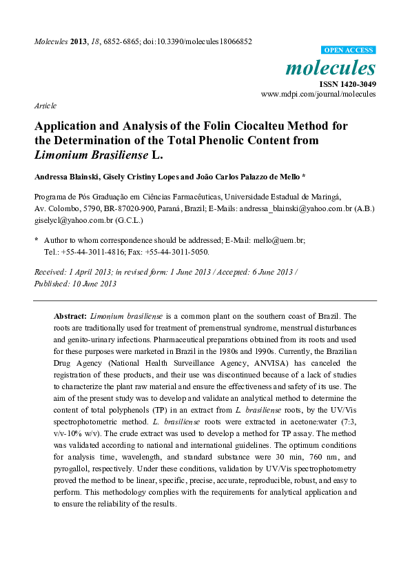 (PDF) molecules Application and Analysis of the Folin Ciocalteu Method ...
