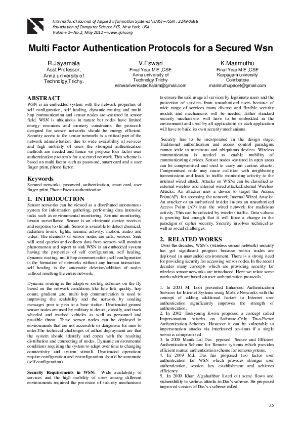(PDF) Multi Factor Authentication Protocols for a Secured Wsn