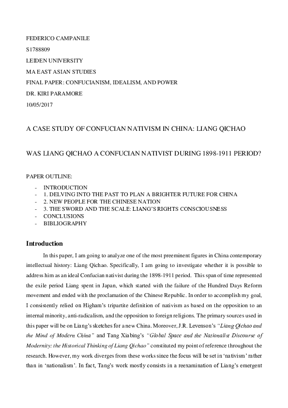 (DOC) A CASE STUDY OF CONFUCIAN NATIVISM IN CHINA: LIANG QICHAO