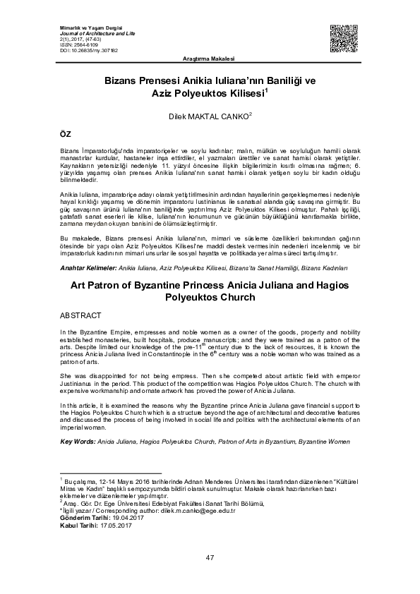 (PDF) Bizans Prensesi Anikia Iuliana’nın Baniliği ve Aziz Polyeuktos ...