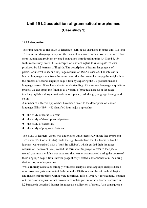(PDF) Unit 19 L2 acquisition of grammatical morphemes (Case study 3