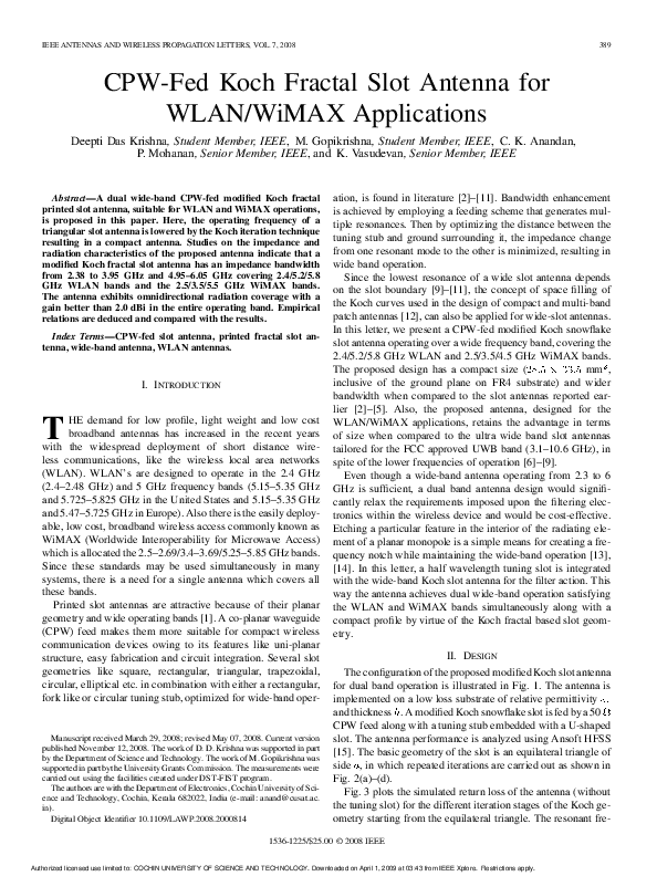 (PDF) CPW-Fed Koch Fractal Slot Antenna for WLAN/WiMAX Applications