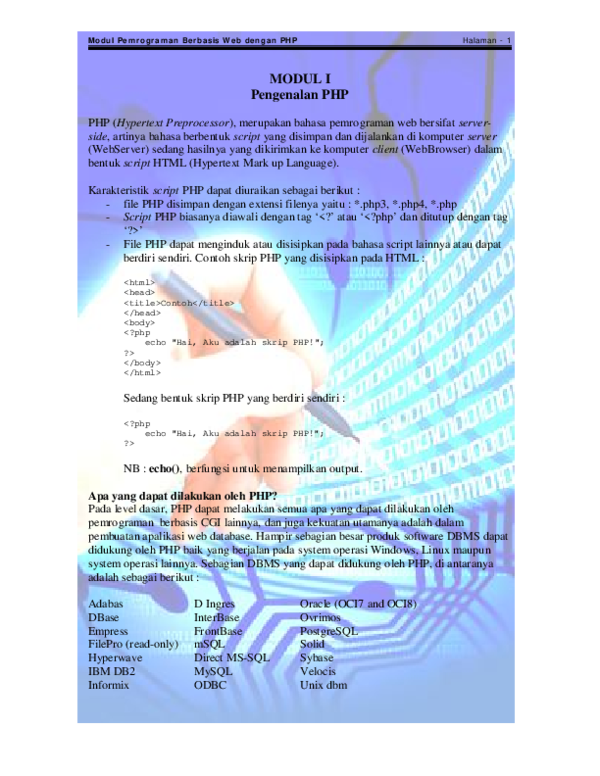 (PDF) Modul Pemrograman Berbasis Web dengan PHP MODUL I Pengenalan PHP