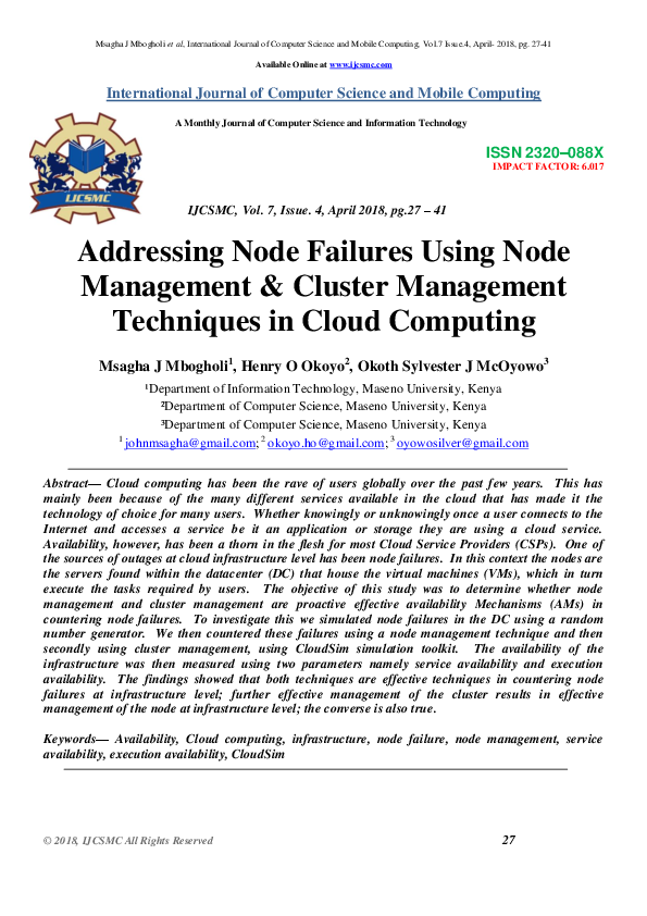 (PDF) Addressing Node Failures Using Node Management & Cluster Management Techniques in Cloud ...