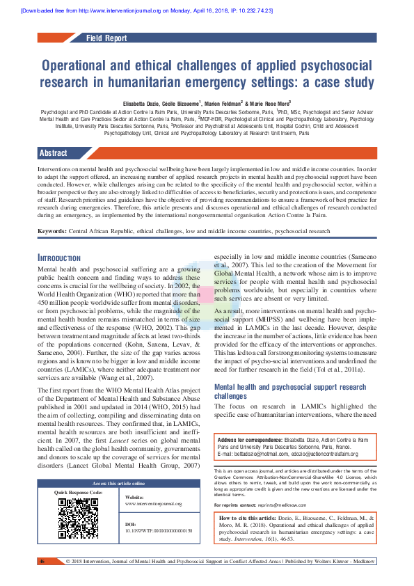 (PDF) Operational and ethical challenges of applied psychosocial ...