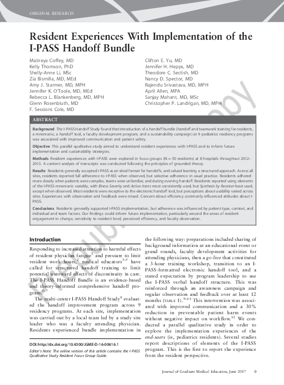 (PDF) Resident Experiences With Implementation of the I-PASS Handoff ...