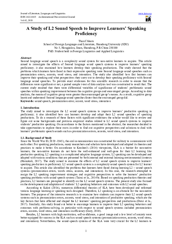 (PDF) A Study of L2 Sound Speech to Improve Learners' Speaking Proficiency