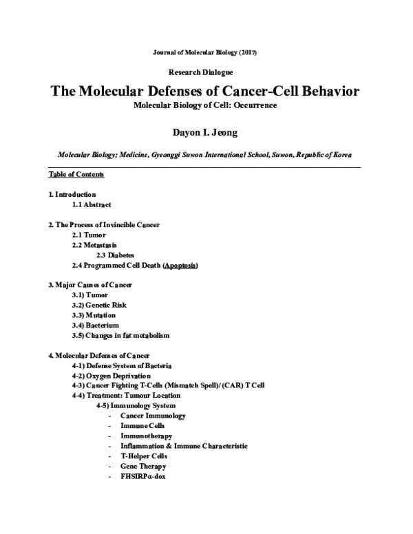 (PDF) The Molecular Defenses of Cancer-Cell Behavior Molecular Biology ...