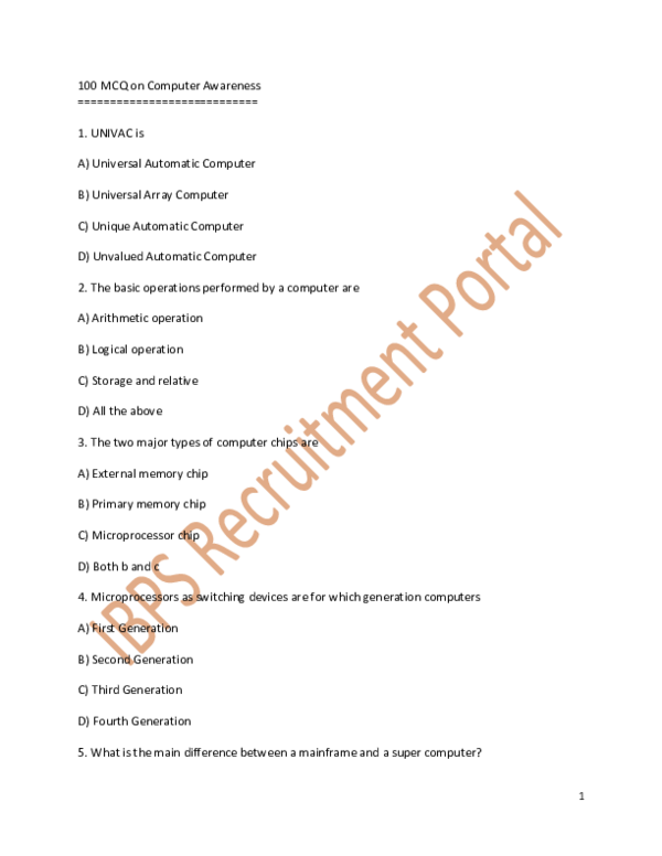 (PDF) MCQ on Computer Awareness