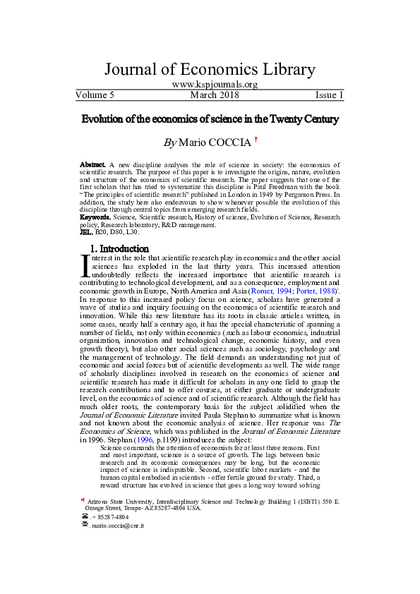 (PDF) Evolution of the economics of science in the Twenty Century