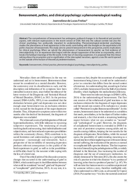 (PDF) Bereavement, pathos, and clinical psychology: a phenomenological ...