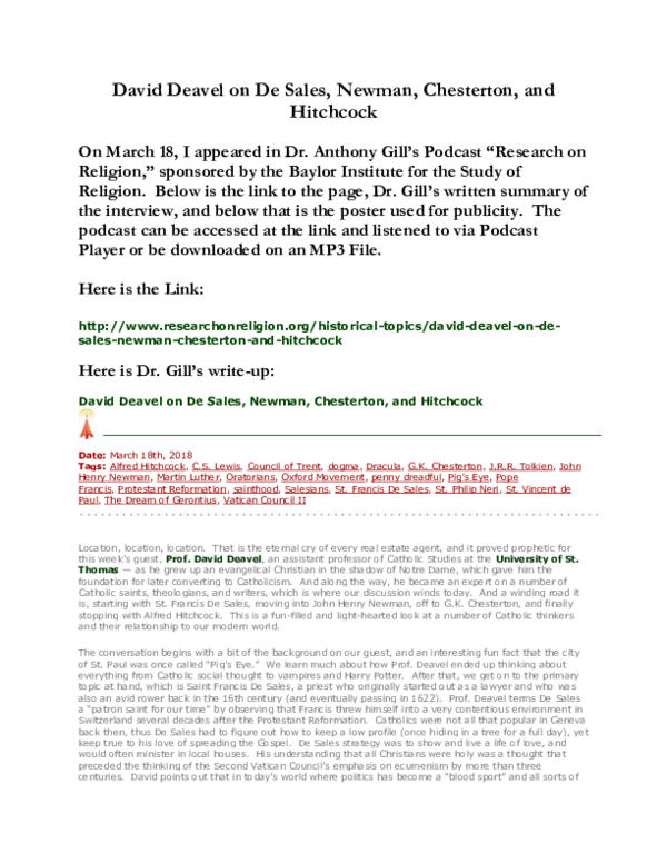 (DOC) David Deavel on De Sales, Newman, Chesterton, and Hitchcock ...