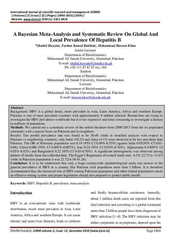 (PDF) A Bayesian Meta-Analysis and Systematic Review On Global And Local Prevalence Of Hepatitis B